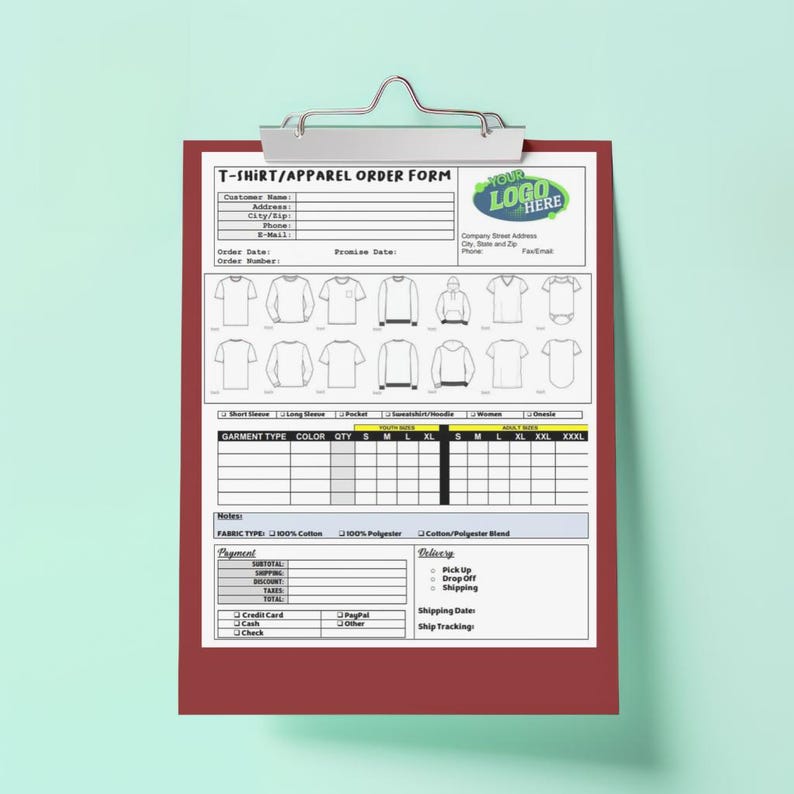 Professional Apparel T-shirt Order Form Digital Download, Editable Apparel T-shirt Order ...
