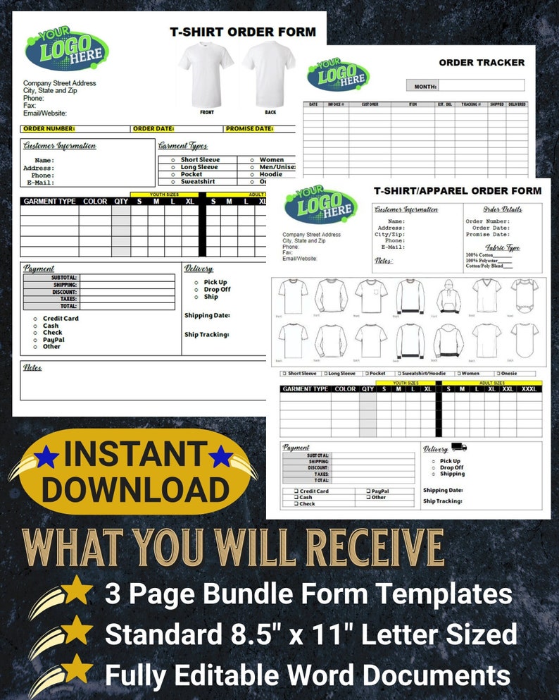 Professional T-shirt Order Form Bundle Digital Download, Easy Editable ...