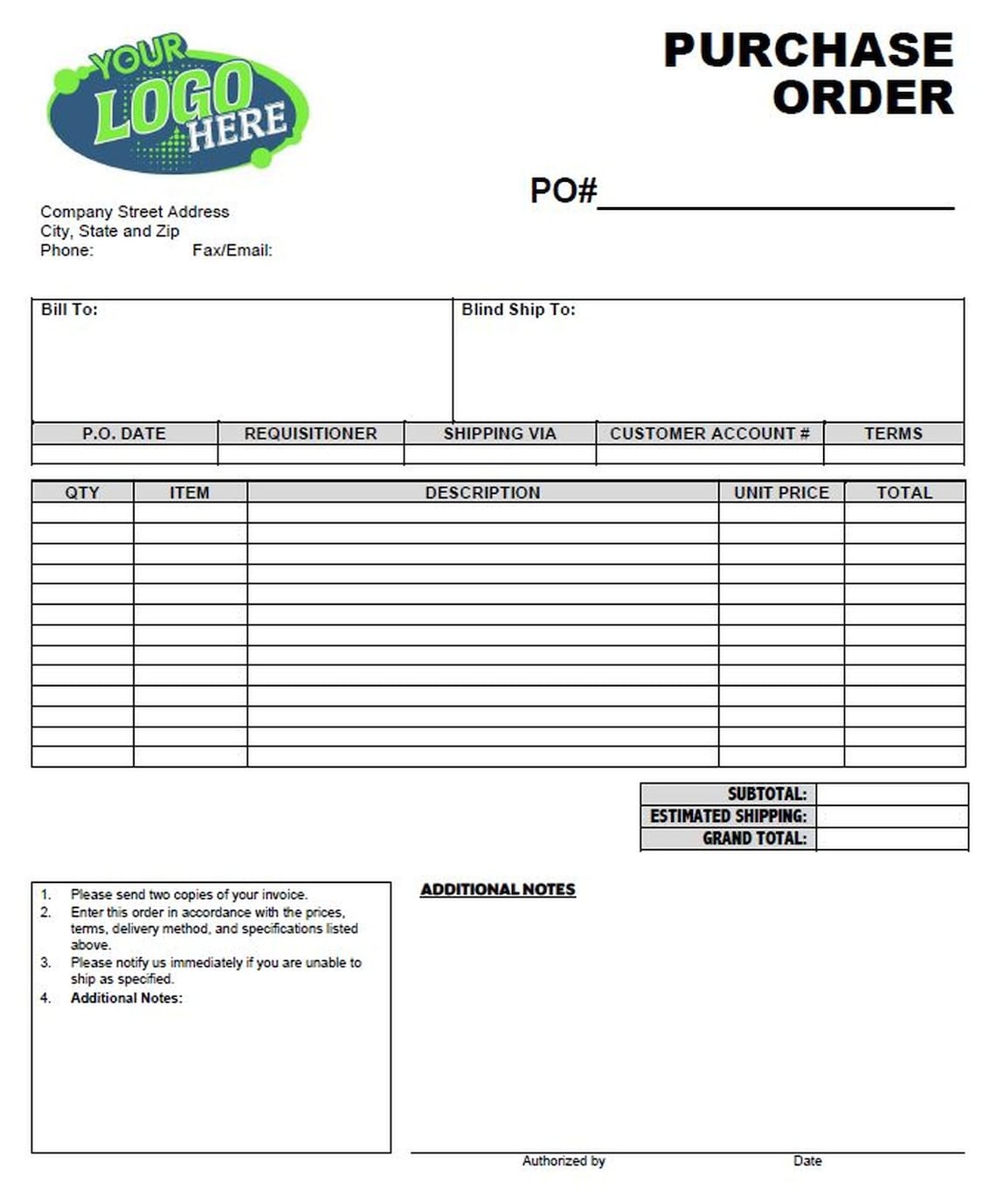 Professional Purchase Order Template Digital Download, Fully Editable Purchase Order Template ...