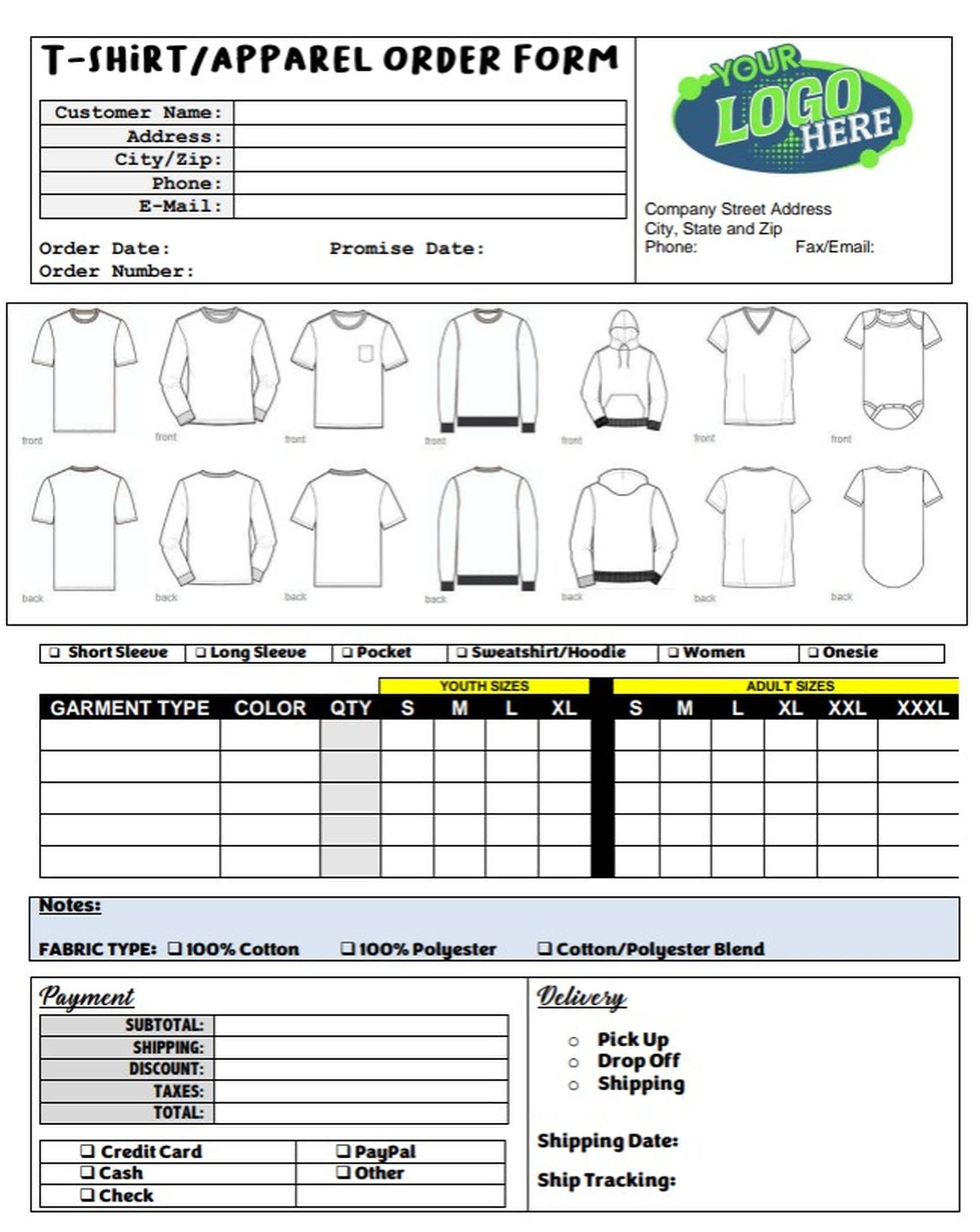 Professional Apparel T-shirt Order Form Digital Download, Editable ...