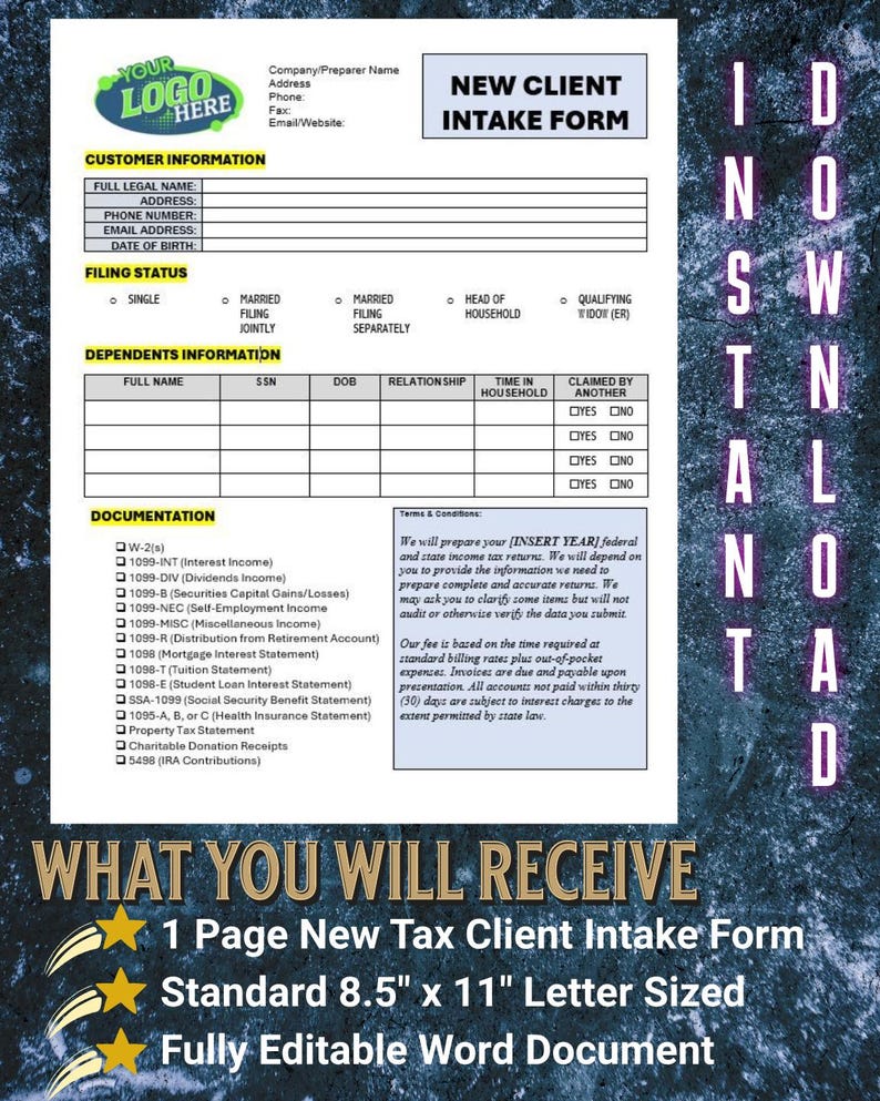 Professional Minimalist New Tax Client Intake Form Digital Download, 1 ...