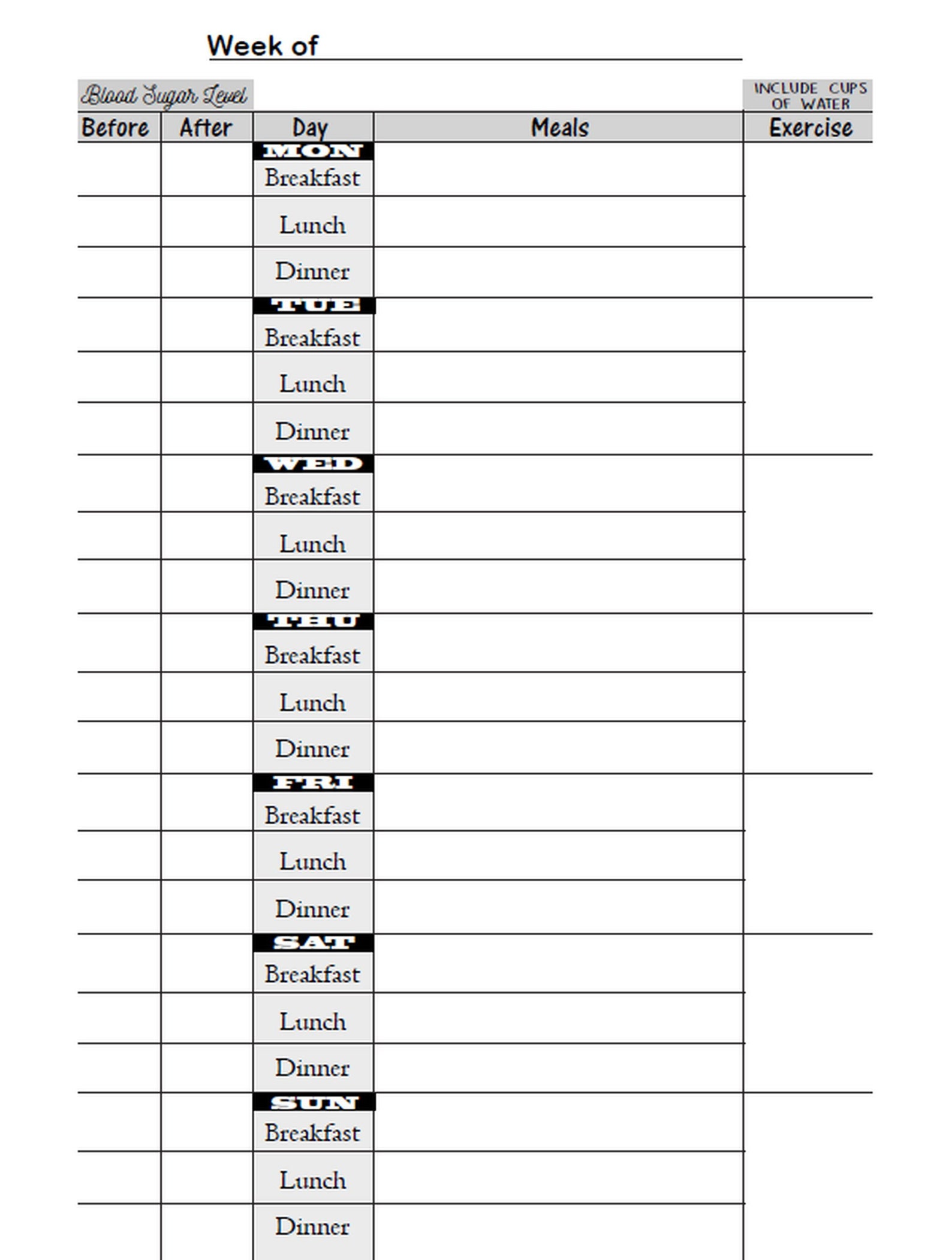 Blood Sugar Log Printable Digital Download, Weekly Diabetic Blood Sugar ...