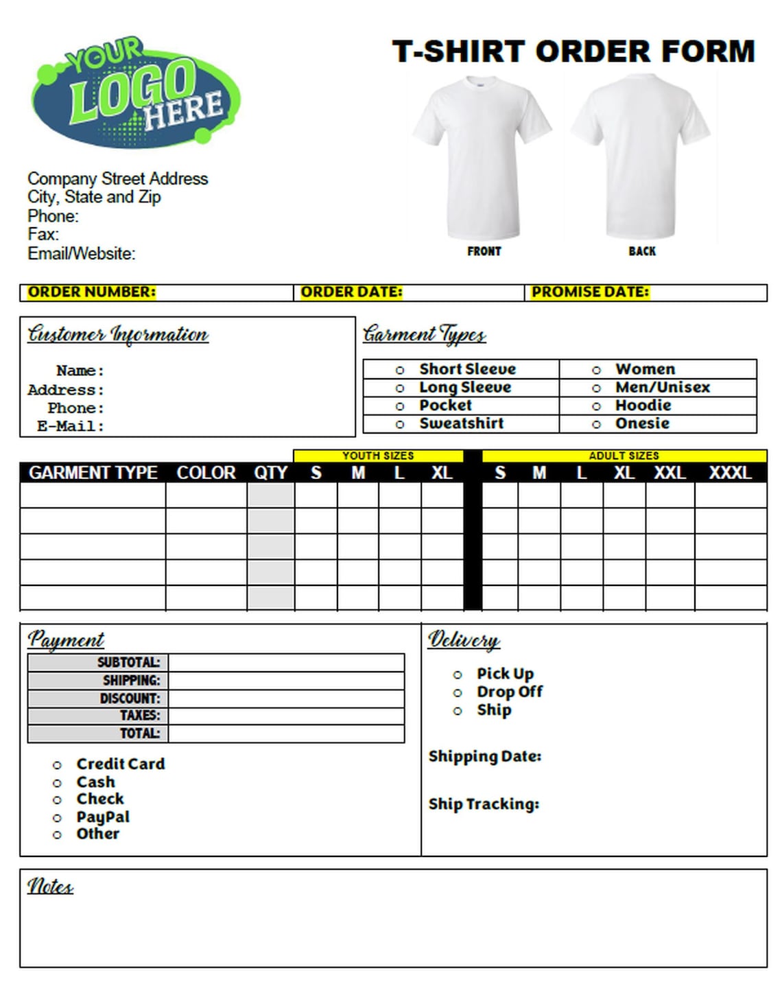 Professional T-shirt Order Form Digital Download, Fully Editable T ...