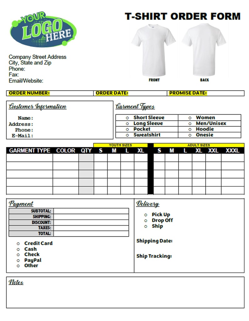 Professional T-shirt Order Form Bundle Digital Download, Easy Editable ...