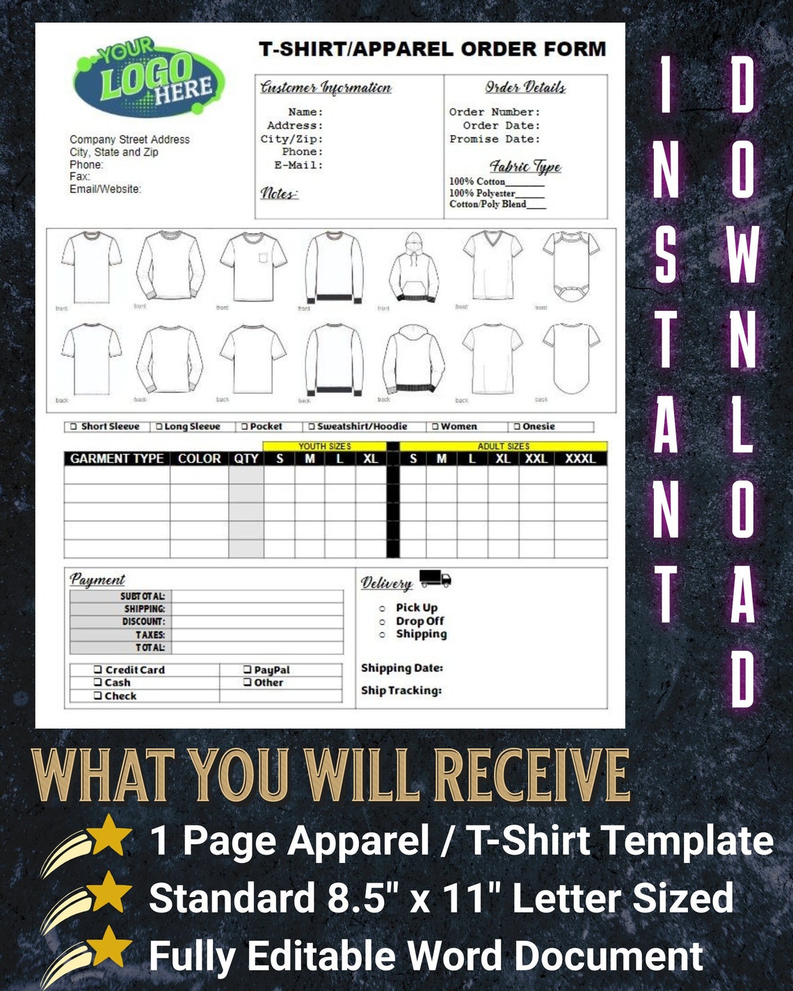 Professional Apparel T-shirt Order Form Digital Download, Editable ...