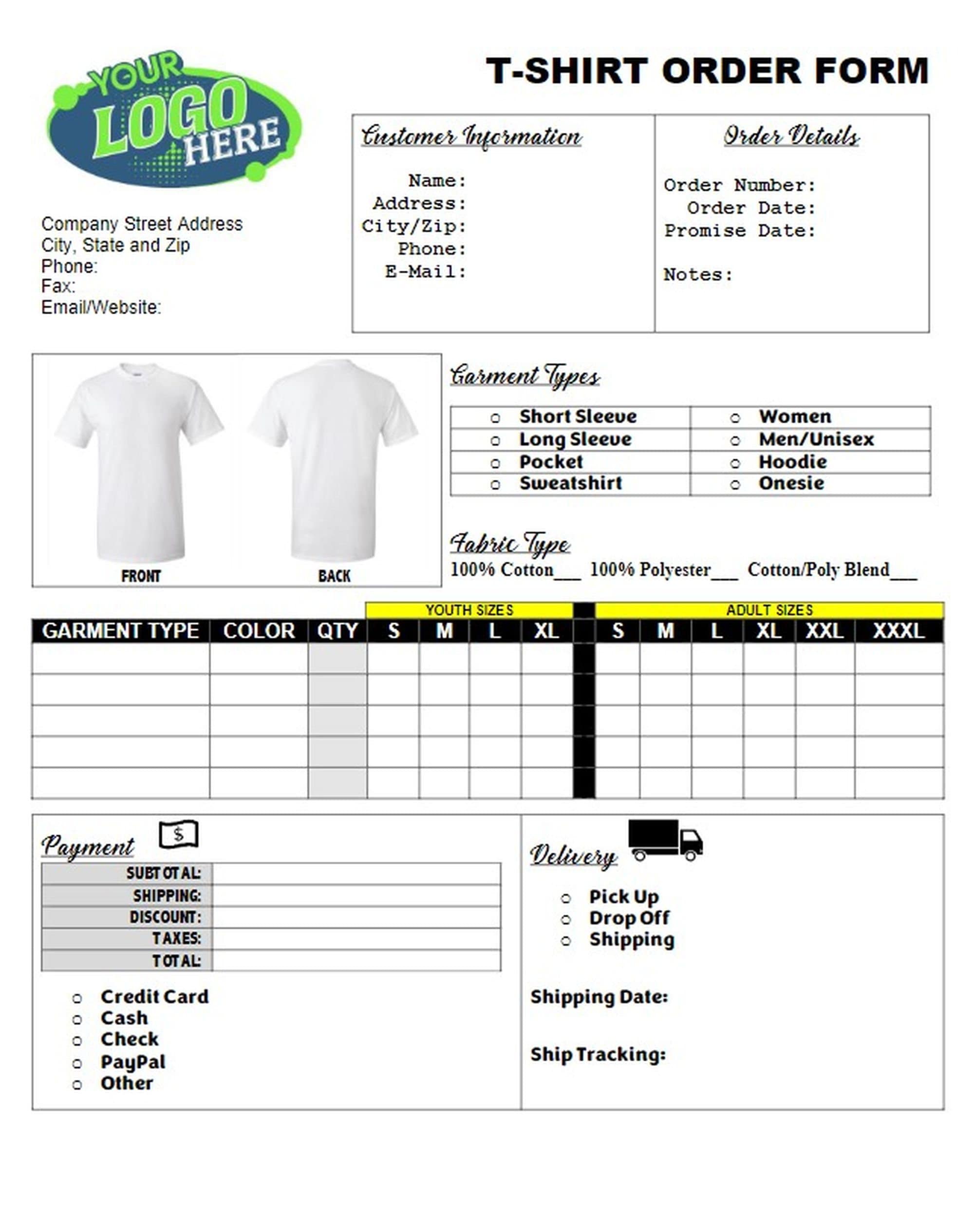 Professional T-shirt Order Form Digital Download, Fully Editable T ...