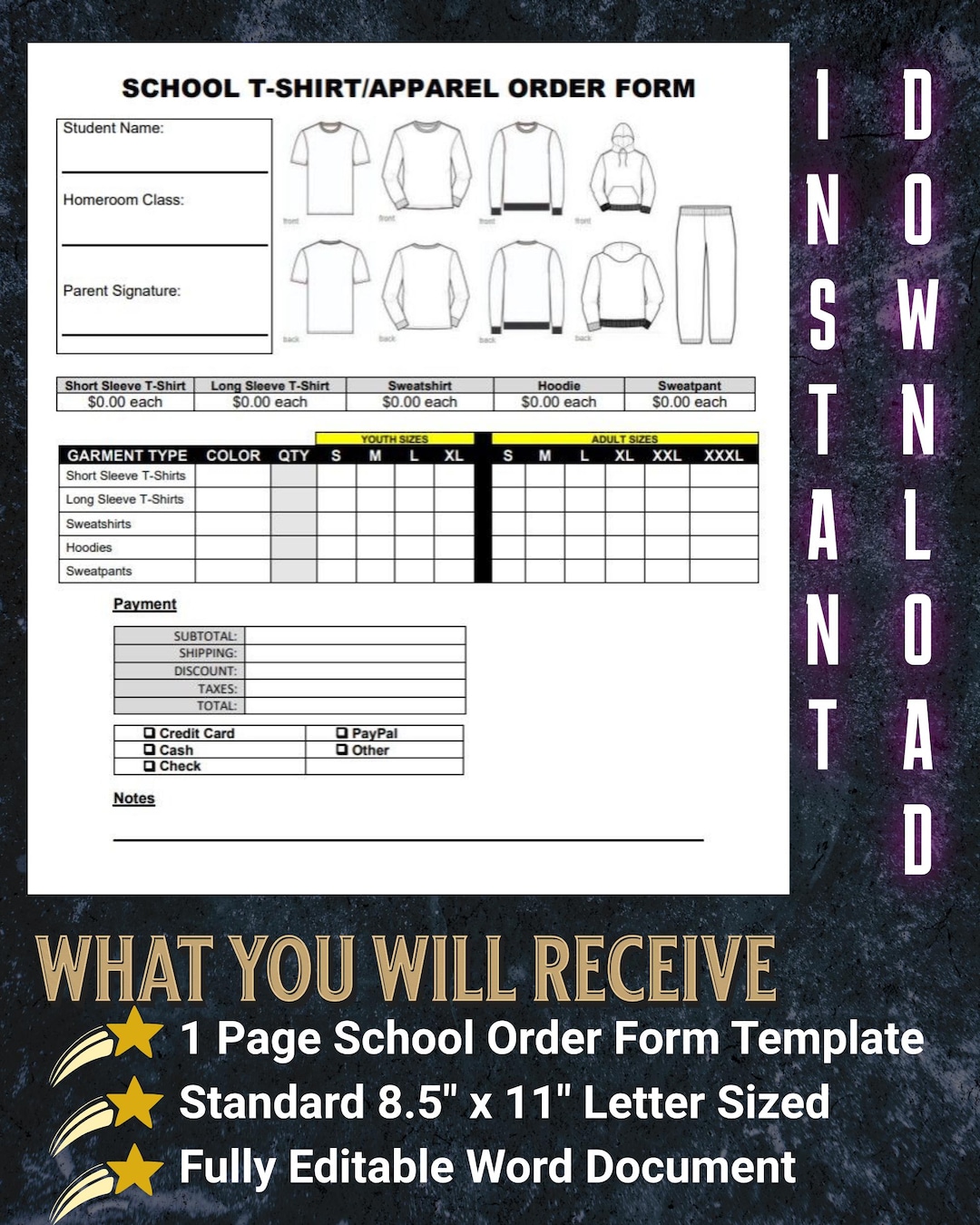 General School T-shirt Order Form Digital Download, School Apparel T ...