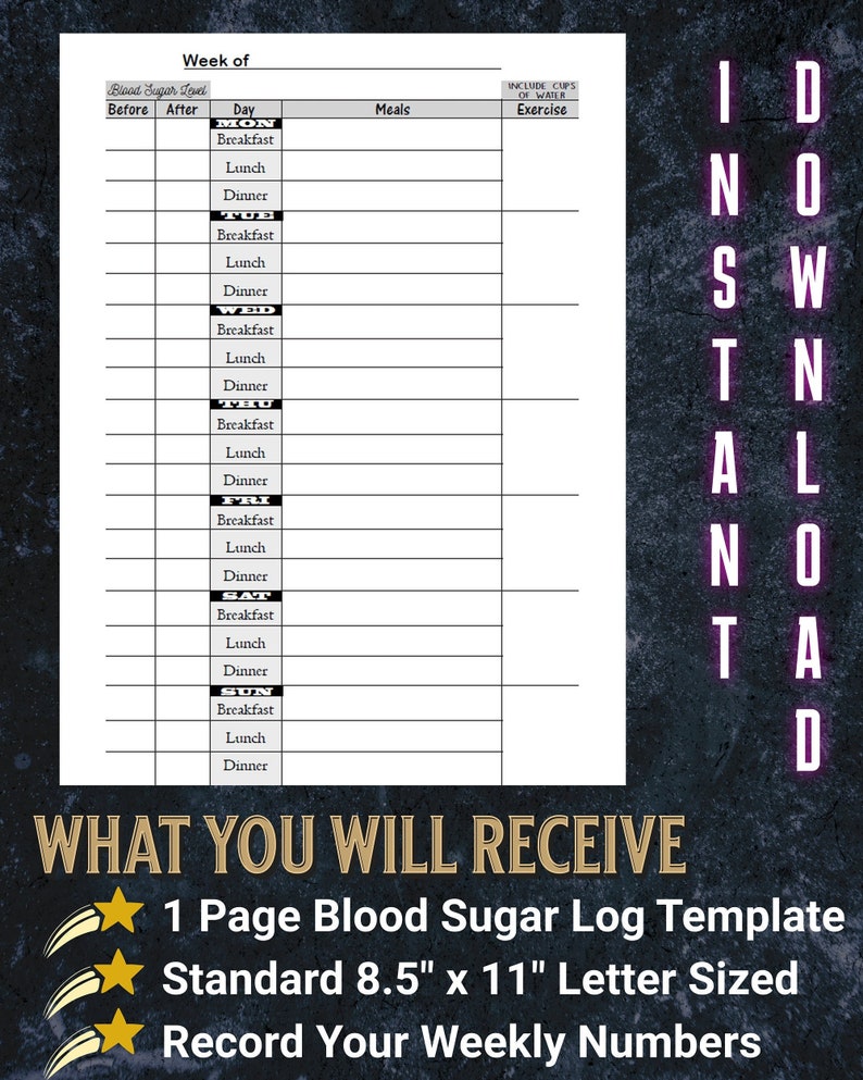 Blood Sugar Log Printable Digital Download, Weekly Diabetic Blood Sugar ...
