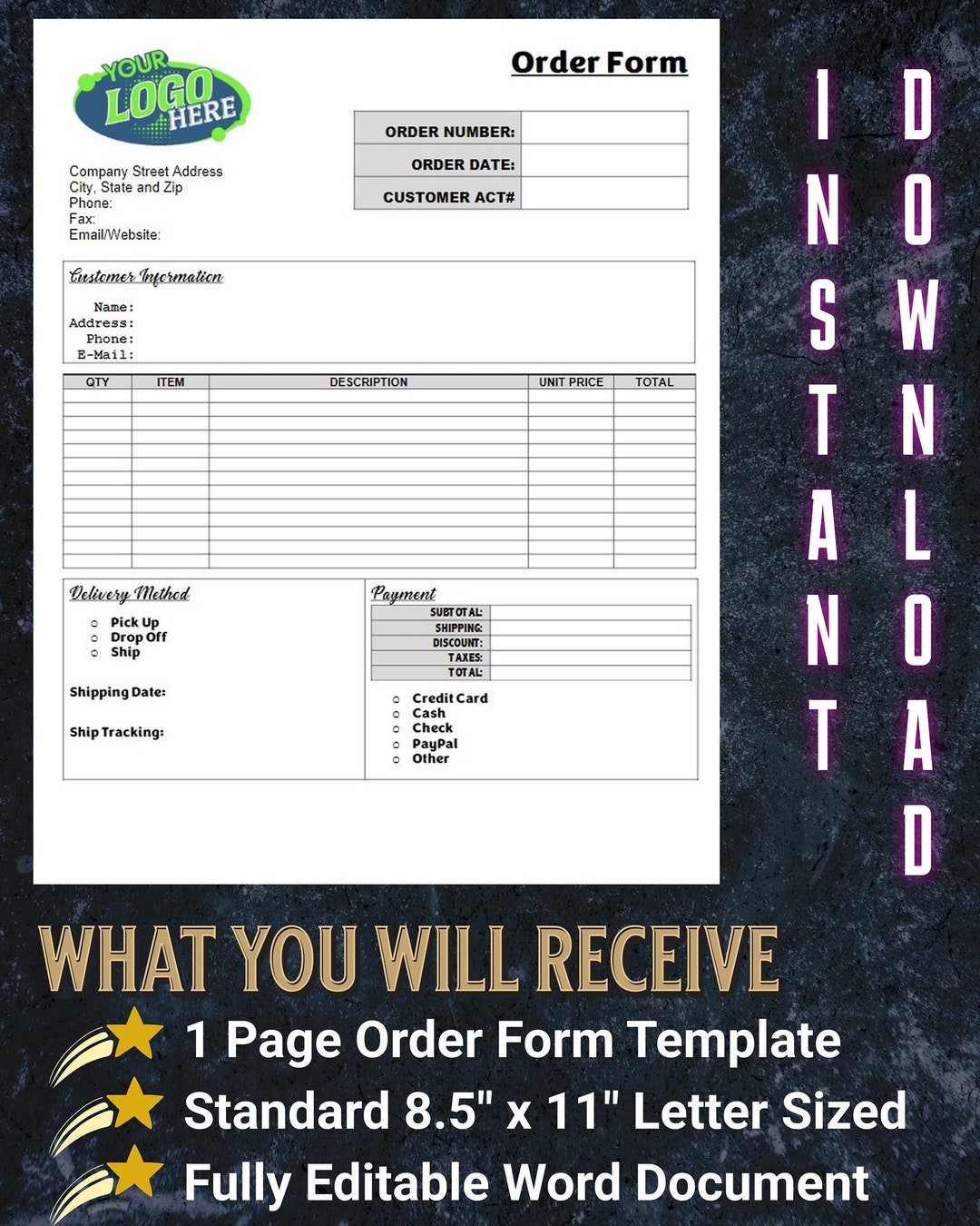 Professional Order Form Digital Download, Editable Order Form Template ...
