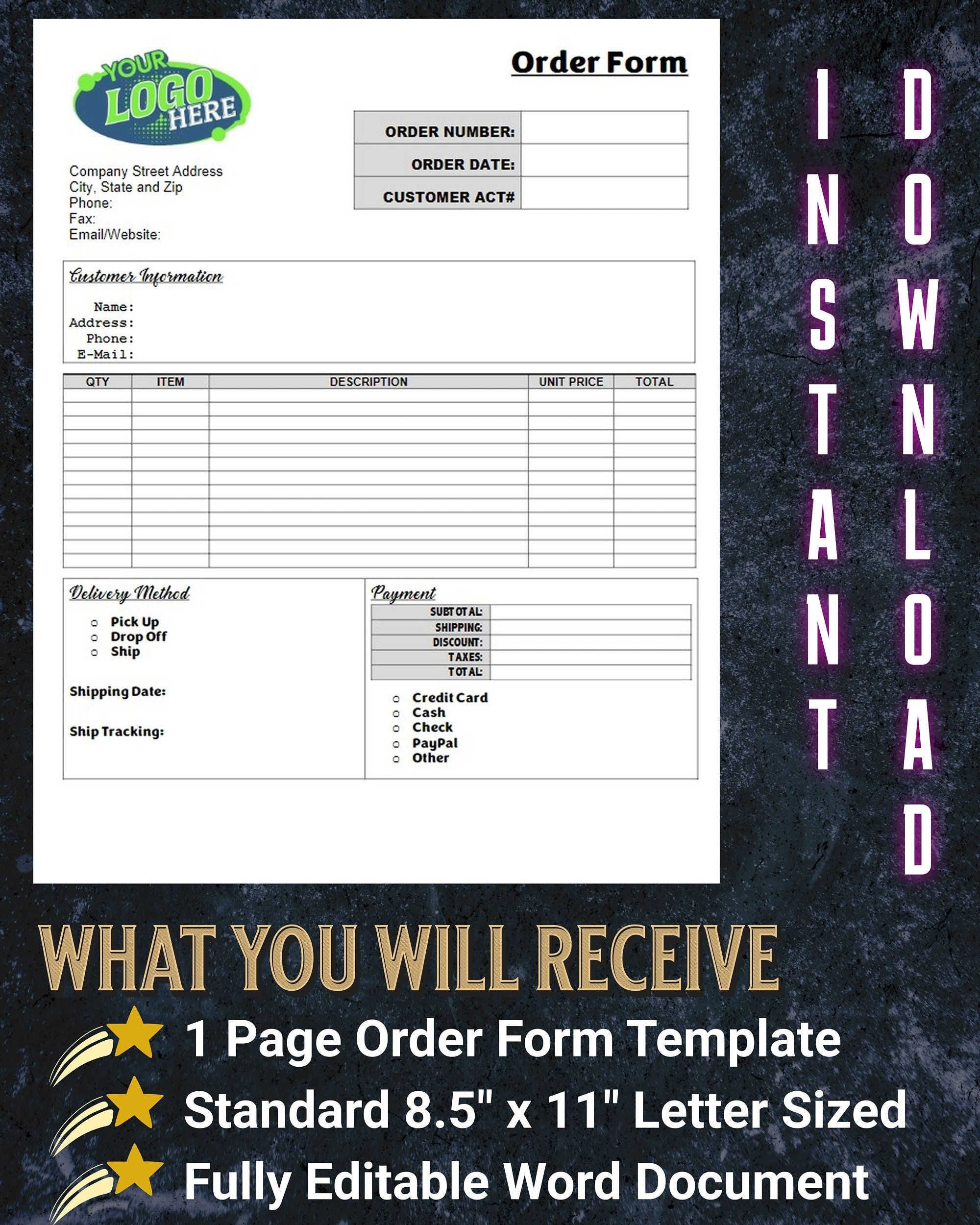 Professional Order Form Digital Download, Editable Order Form Template ...