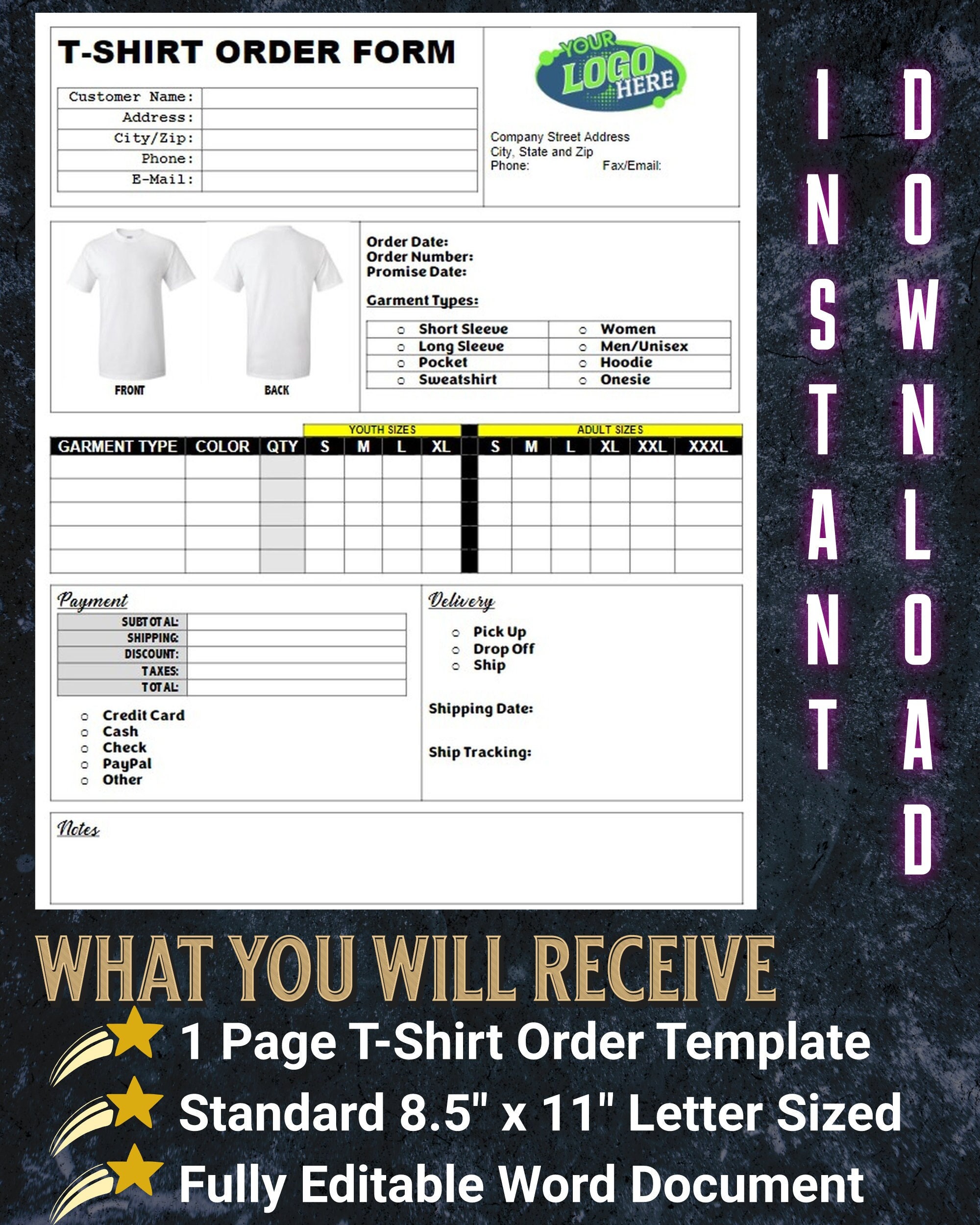 Professional Minimal T-shirt Order Form Digital Download, Fully ...