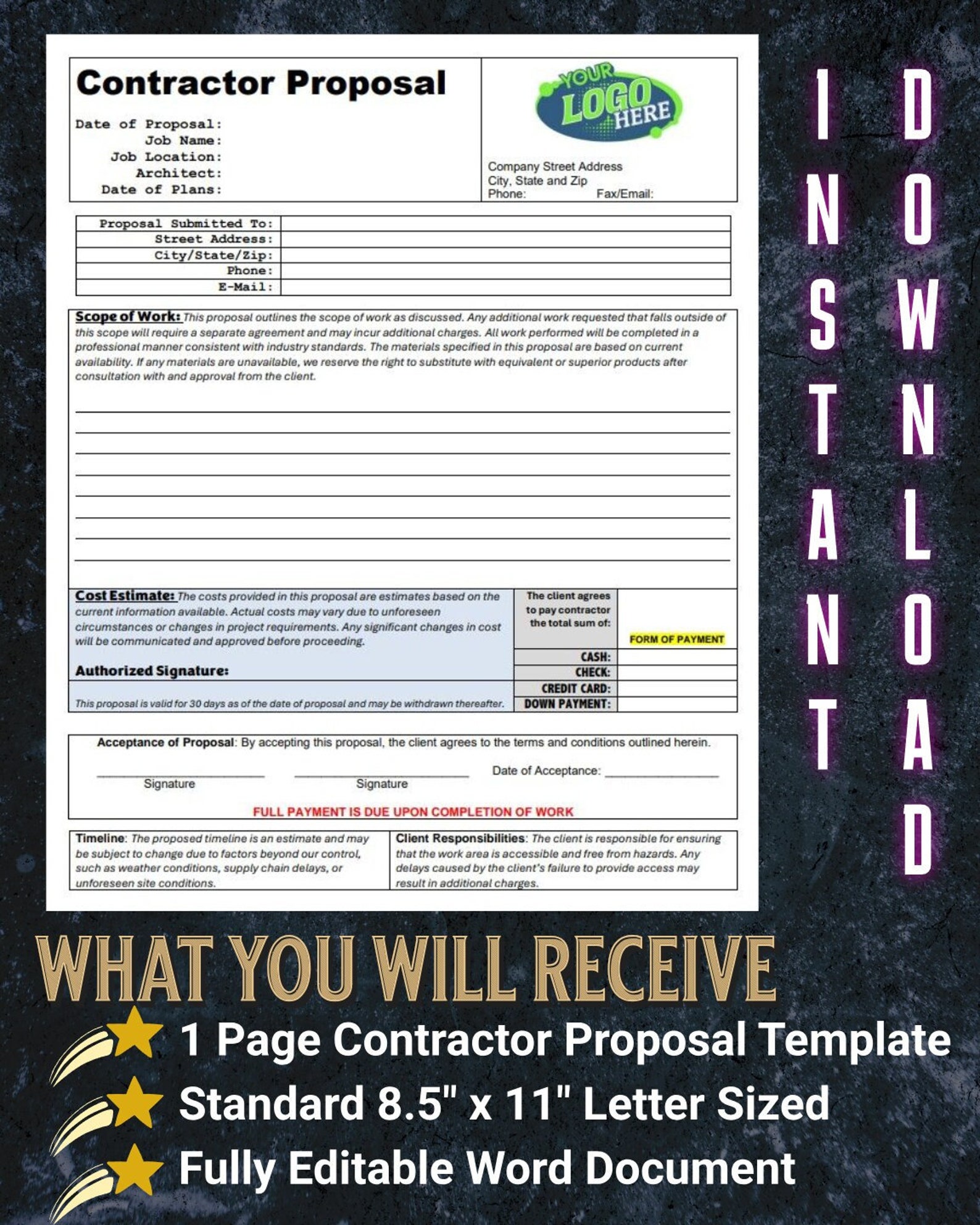 Professional Contractor Proposal Form Digital Download, Fully Editable ...