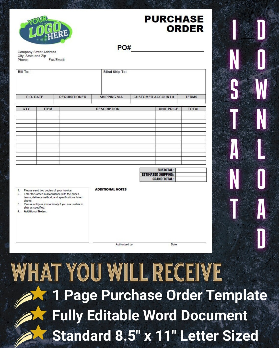 Professional Purchase Order Template Digital Download, Fully Editable ...