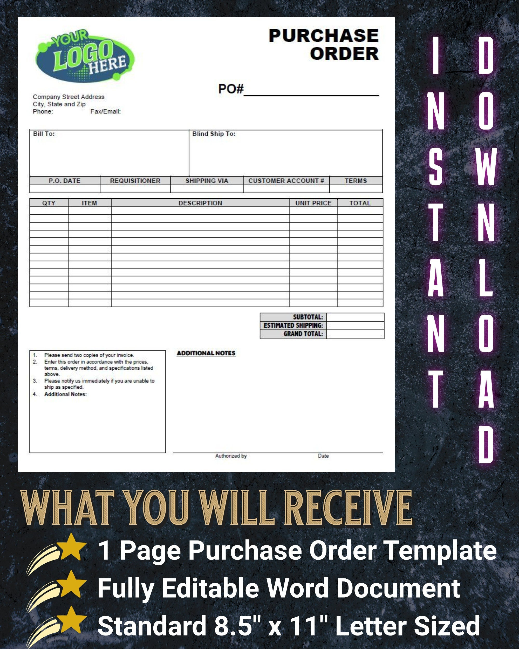 Professional Purchase Order Template Digital Download, Fully Editable ...