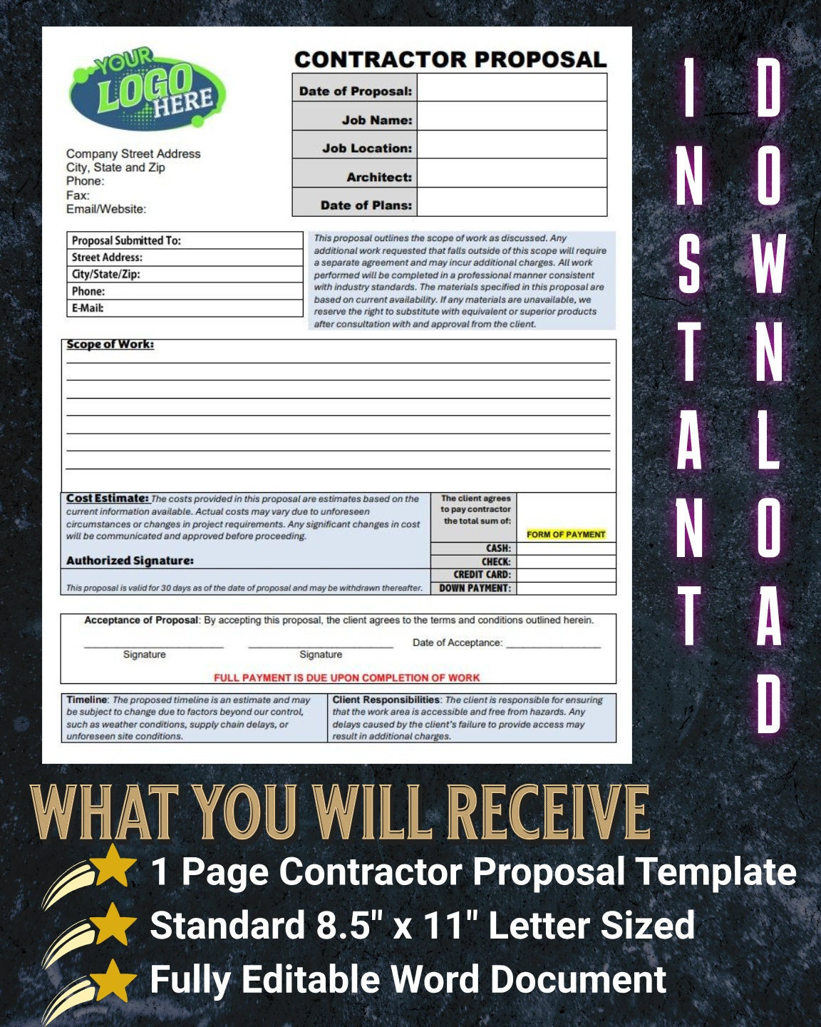 Professional Contractor Proposal Form Digital Download, Fully Editable ...