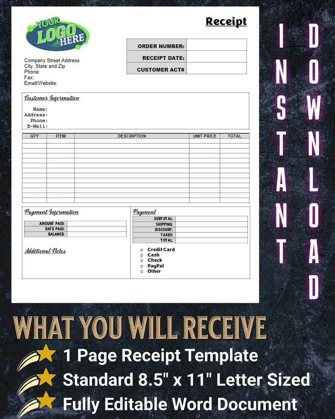 Professional Receipt Template Digital Download, Editable Receipt ...