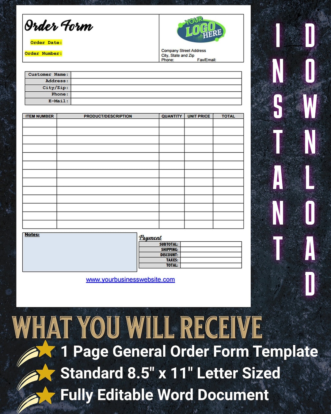 Professional Order Form Digital Download, Editable Order Form, Craft ...