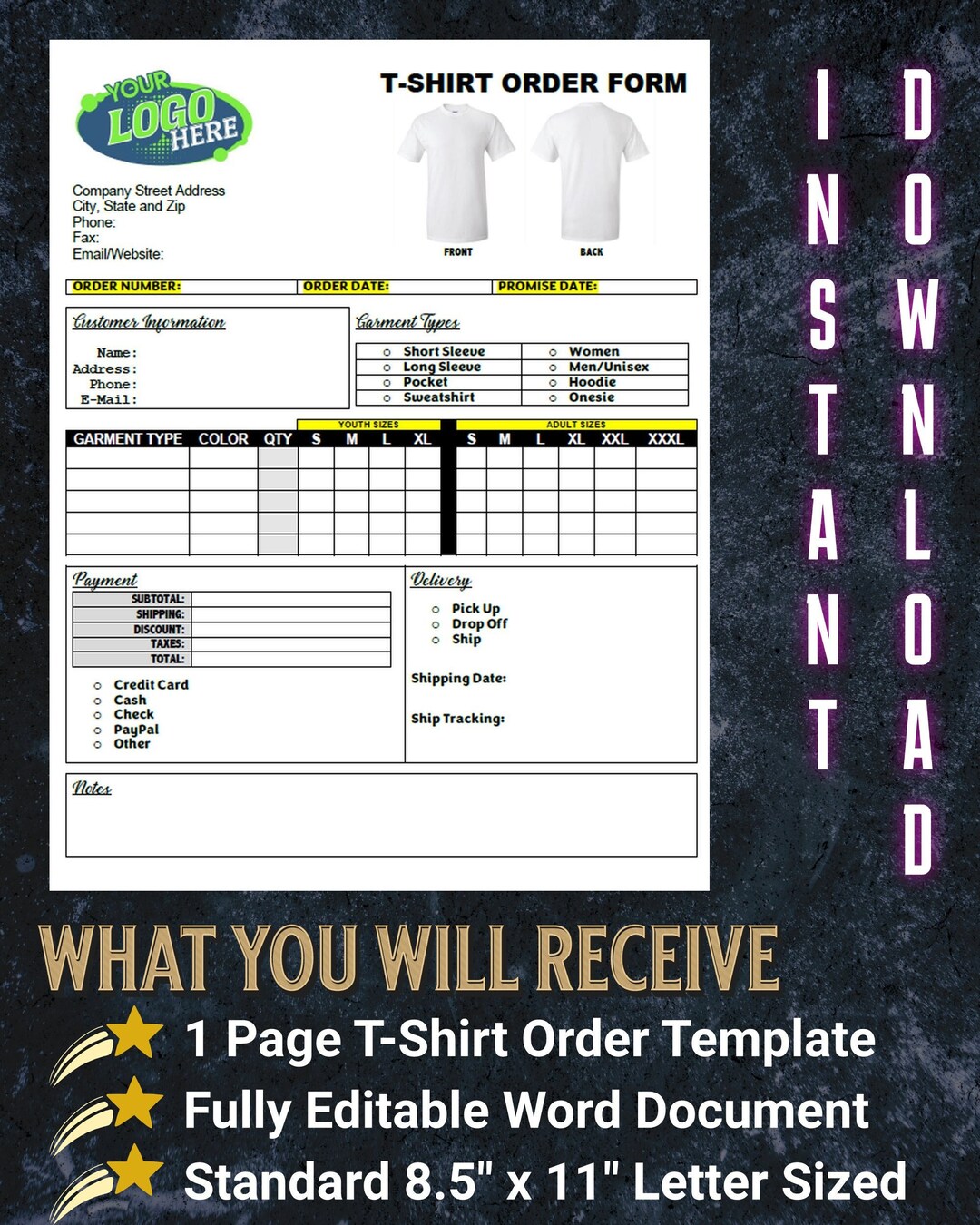 Professional T-shirt Order Form Digital Download, Fully Editable T ...