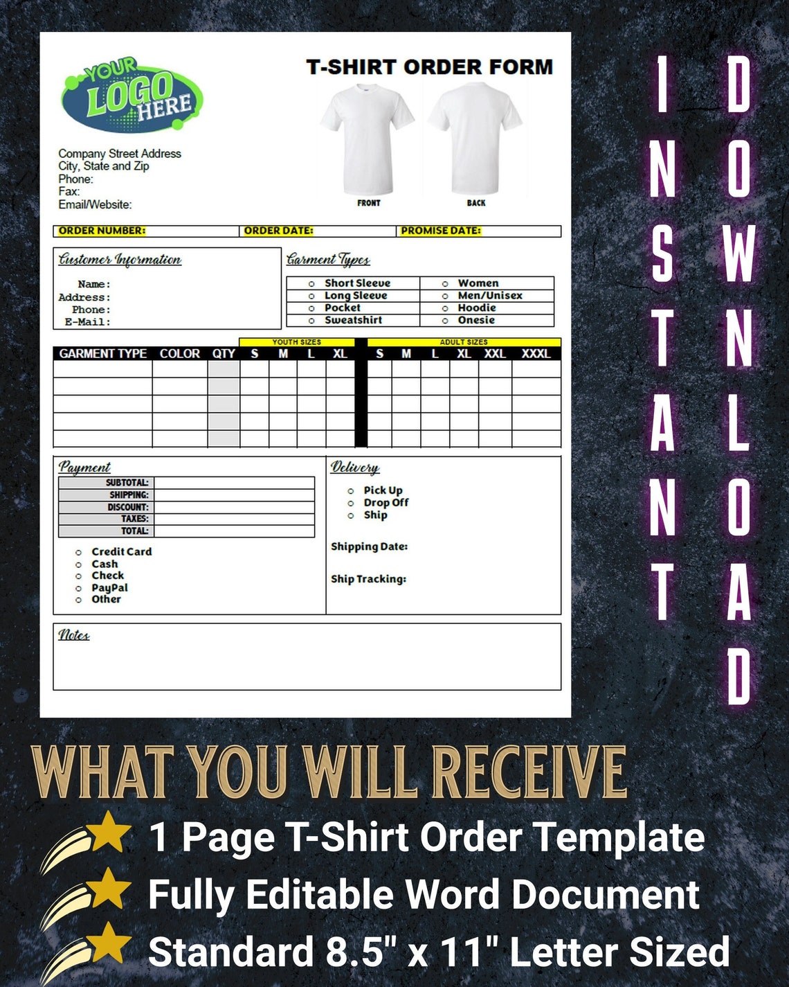 Professional T-shirt Order Form Digital Download, Fully Editable T ...