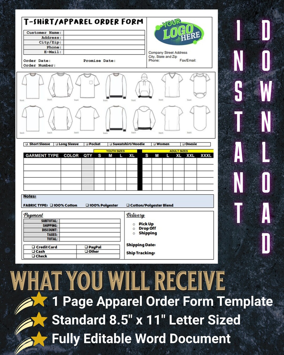 Professional Apparel T-shirt Order Form Digital Download, Editable ...