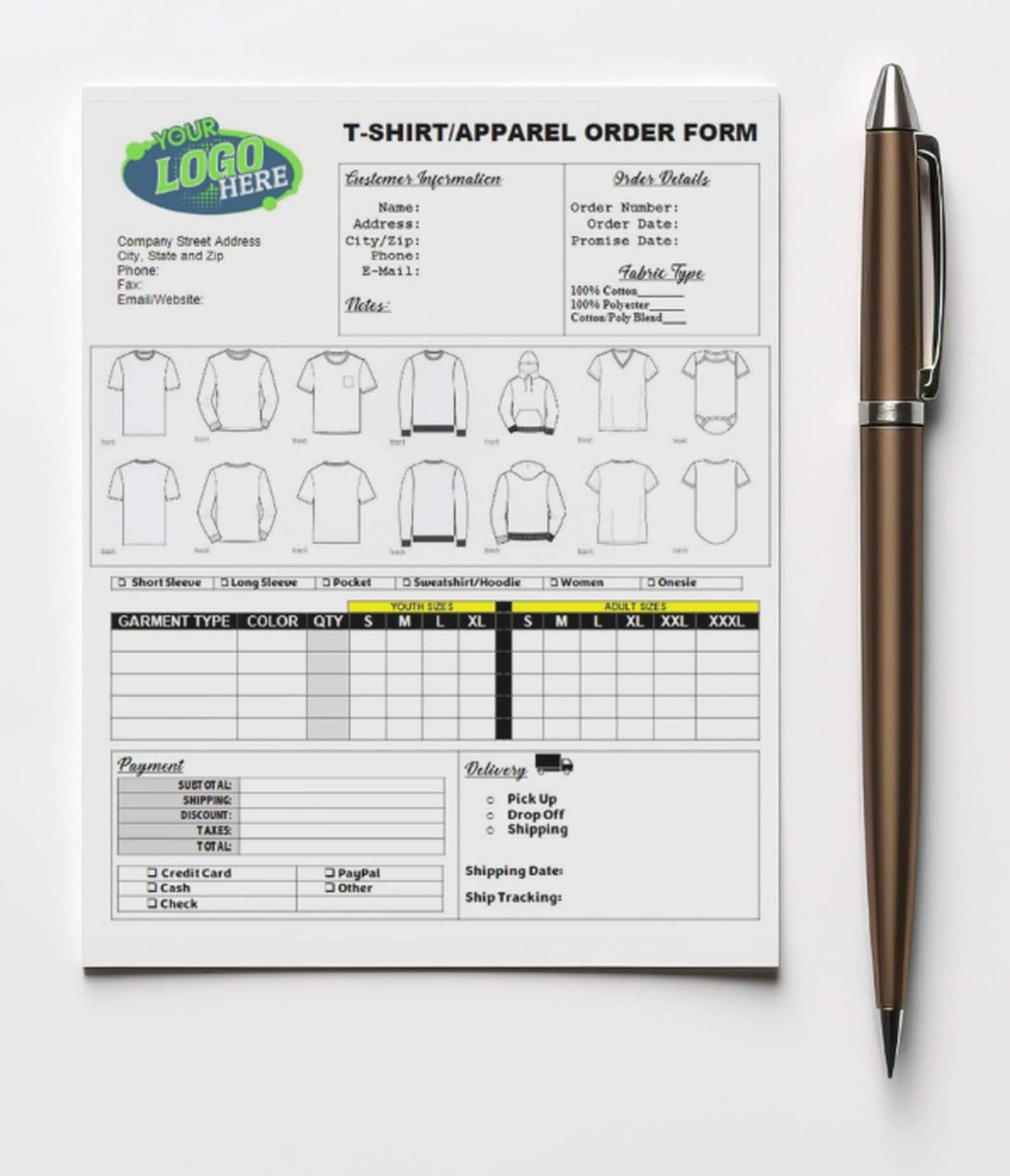 Professional Apparel T-shirt Order Form Digital Download, Editable ...