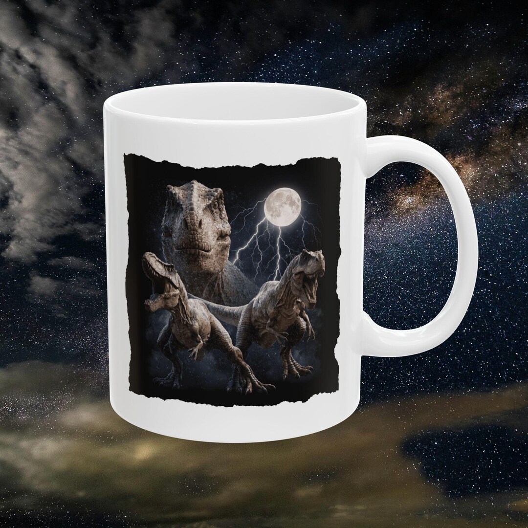 T-rex Dinosaurs Coffee Mug, Three T-rex Under Moon With Lightning Mug ...