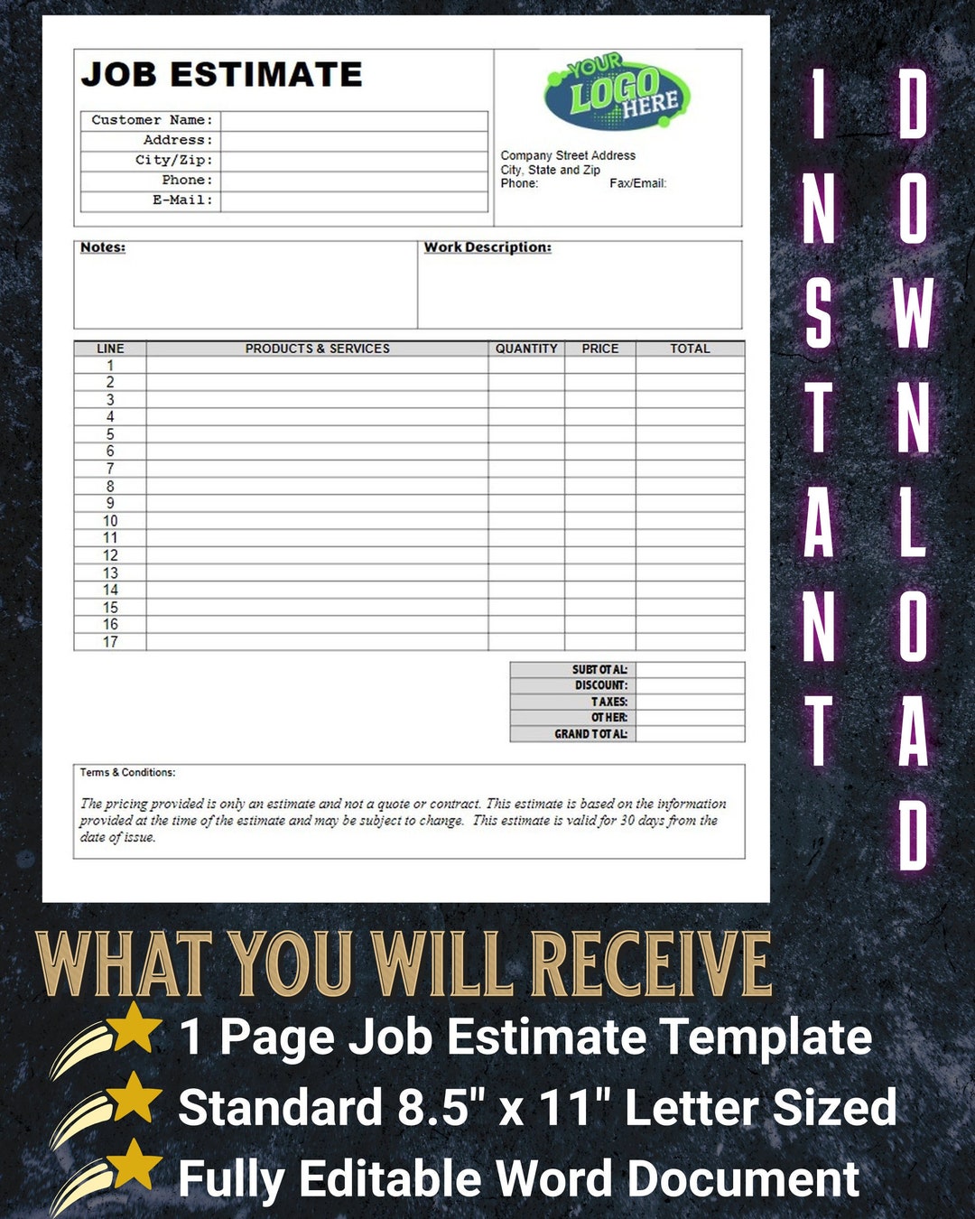 Minimal Design Job Estimate Template Digital Download, Editable Job ...