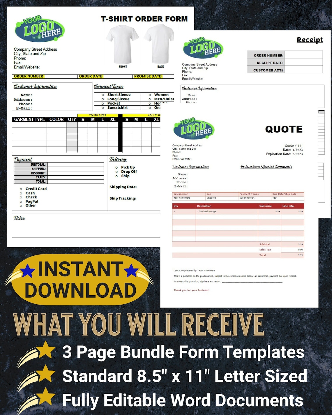 Professional T-shirt Order Form Bundle Digital Download, Easy Editable ...