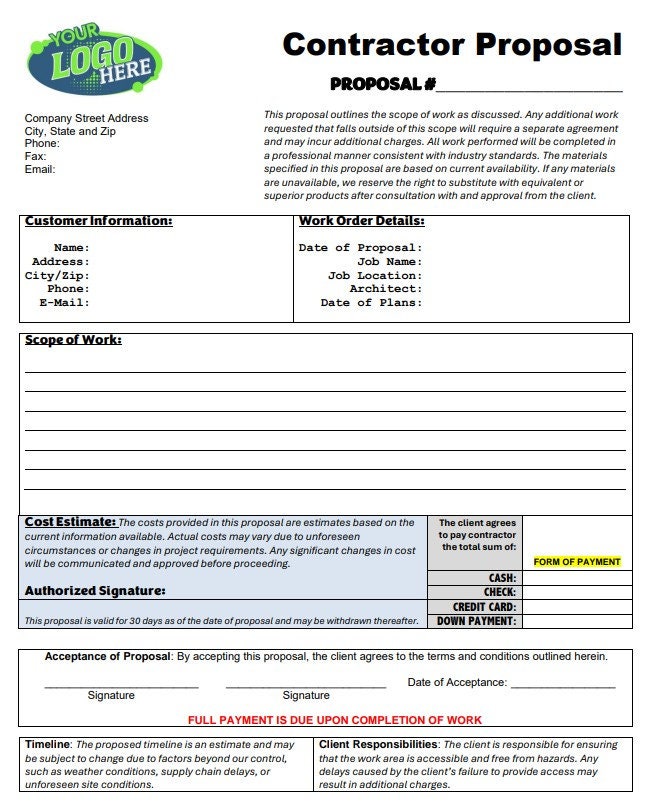 Professional Contractor Proposal Form Digital Download, Fully Editable ...