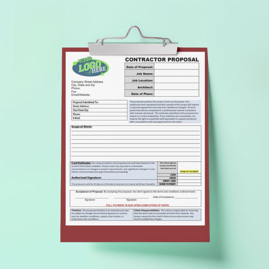 Professional Contractor Proposal Form Digital Download, Fully Editable ...