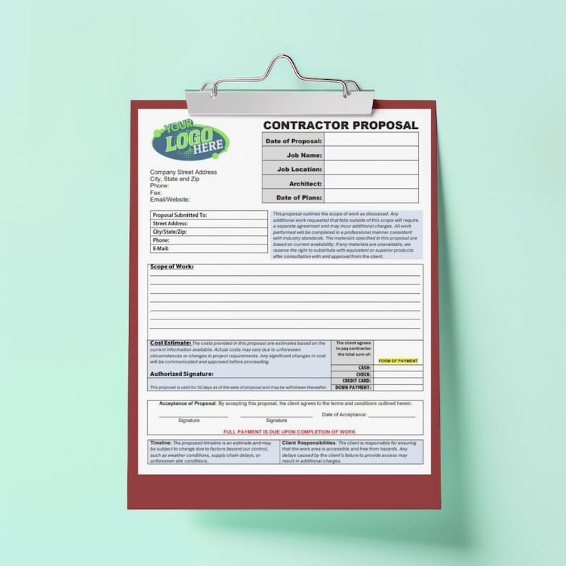 Professional Contractor Proposal Form Digital Download, Fully Editable ...
