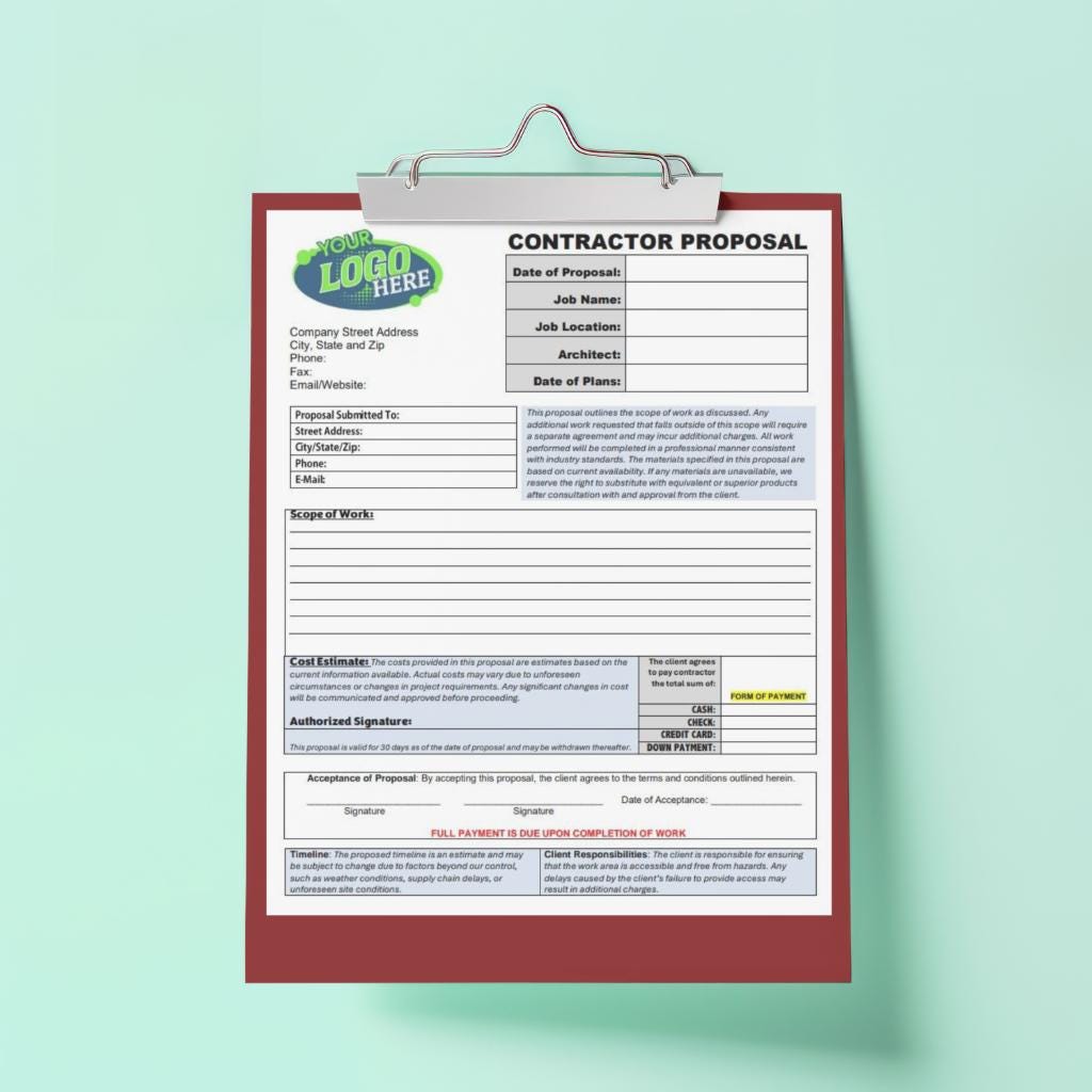 Professional Contractor Proposal Form Digital Download, Fully Editable ...