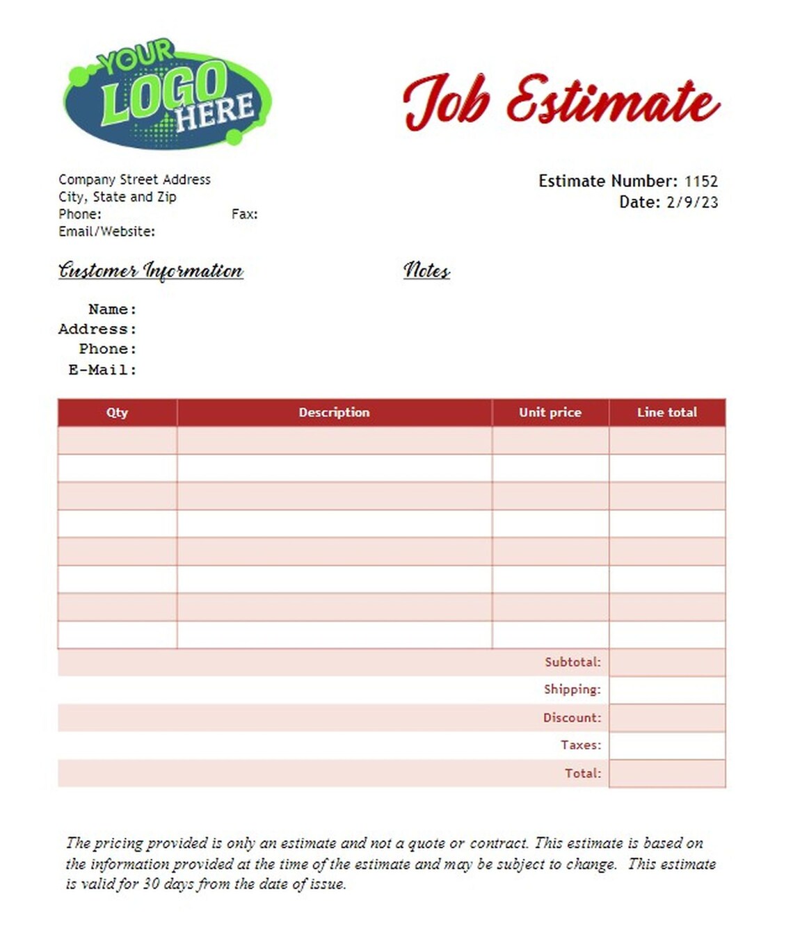 Minimal Design Job Estimate Template Digital Download, Editable Job ...