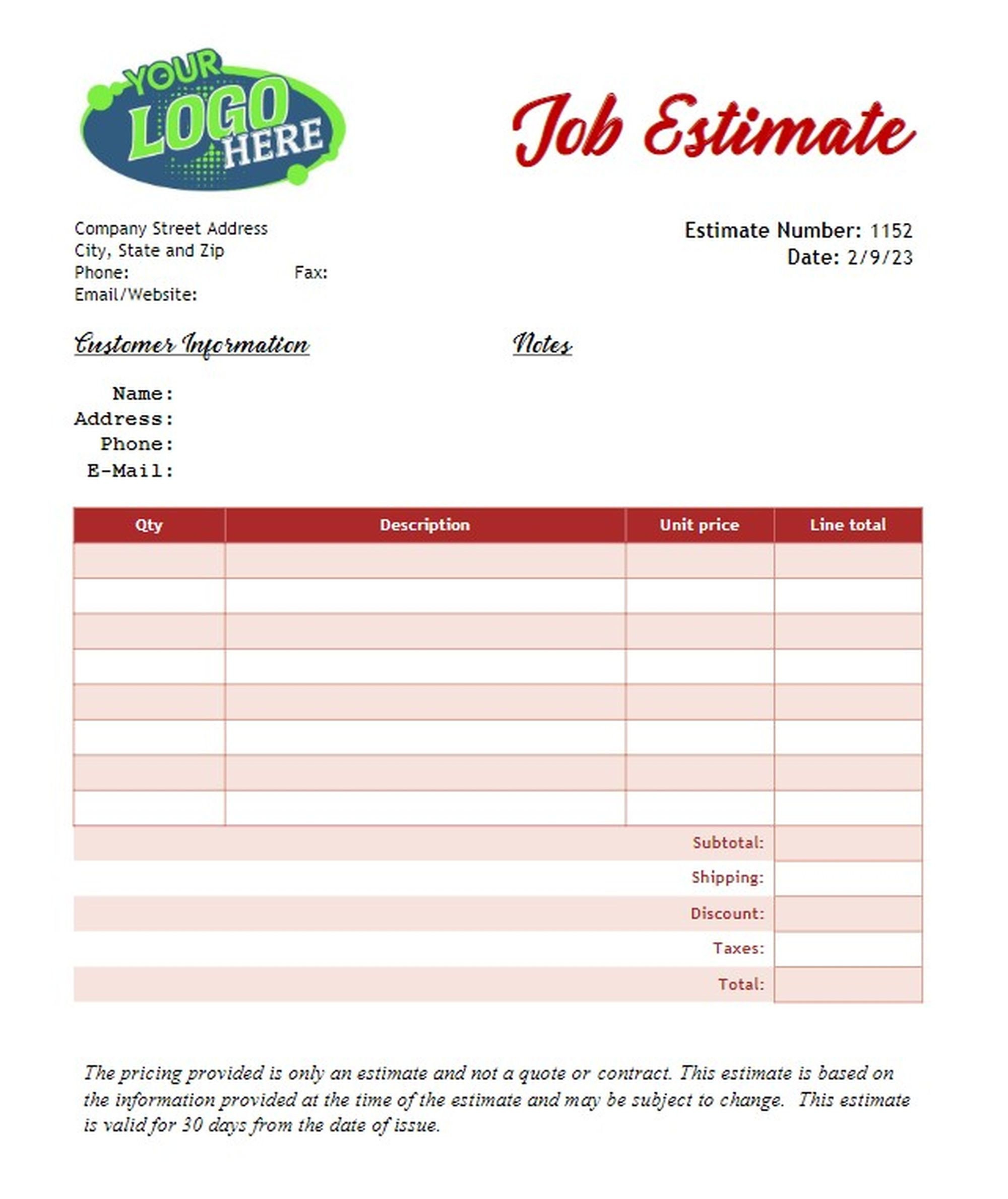 Minimal Design Job Estimate Template Digital Download, Editable Job ...