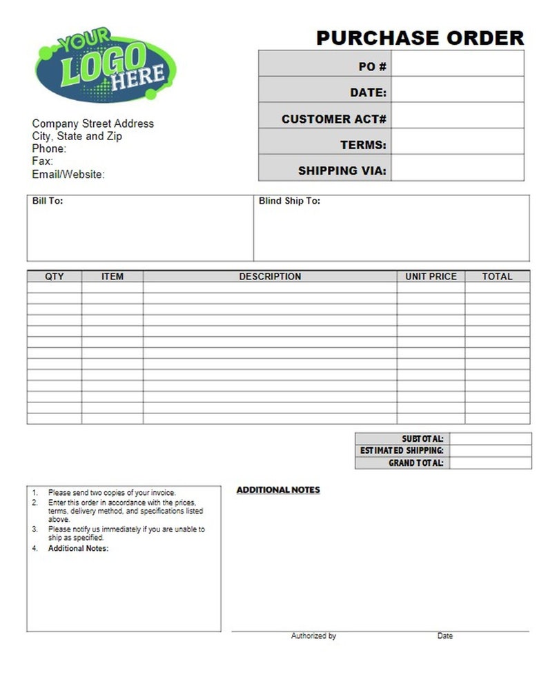 Professional Purchase Order Template Digital Download, Fully Editable ...