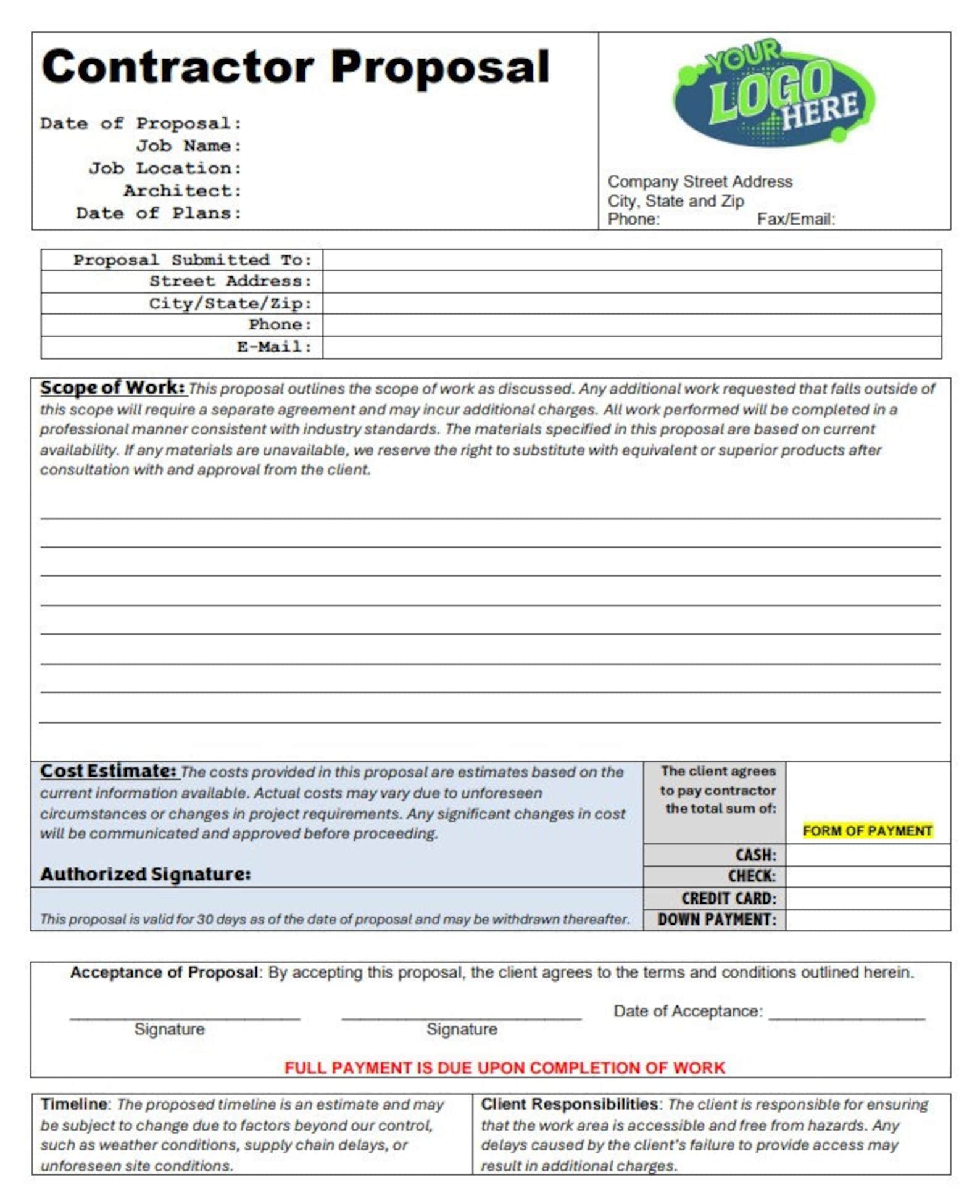 Professional Contractor Proposal Form Digital Download, Fully Editable ...