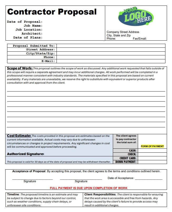 Professional Contractor Proposal Form Digital Download, Fully Editable ...
