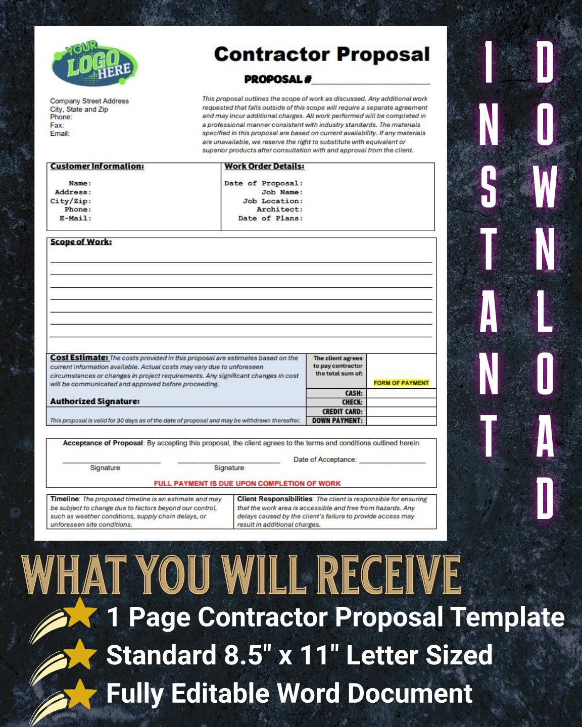 Professional Contractor Proposal Form Digital Download, Fully Editable ...
