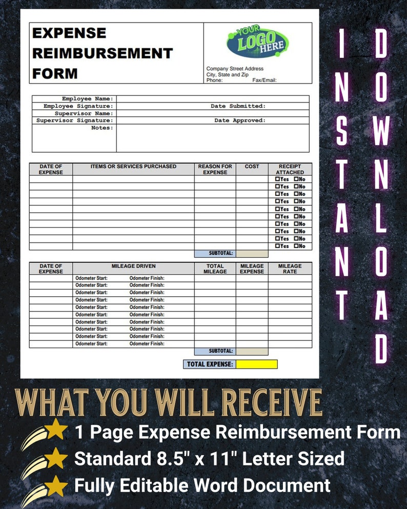 Professional Expense Report Form Digital Download, Editable Expense ...