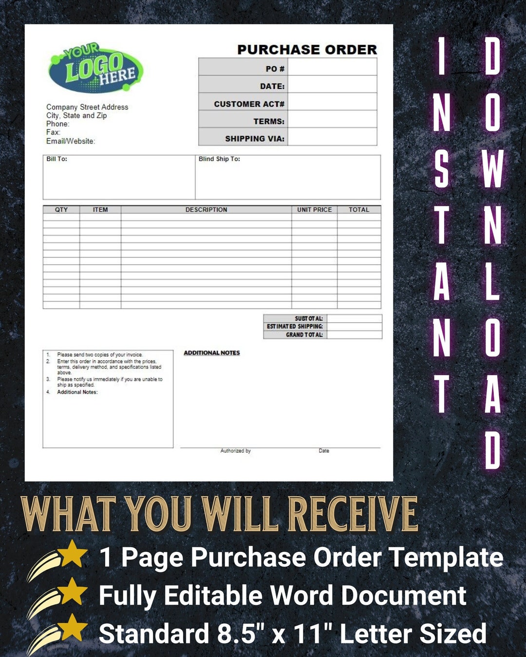 Professional Purchase Order Template Digital Download, Fully Editable ...