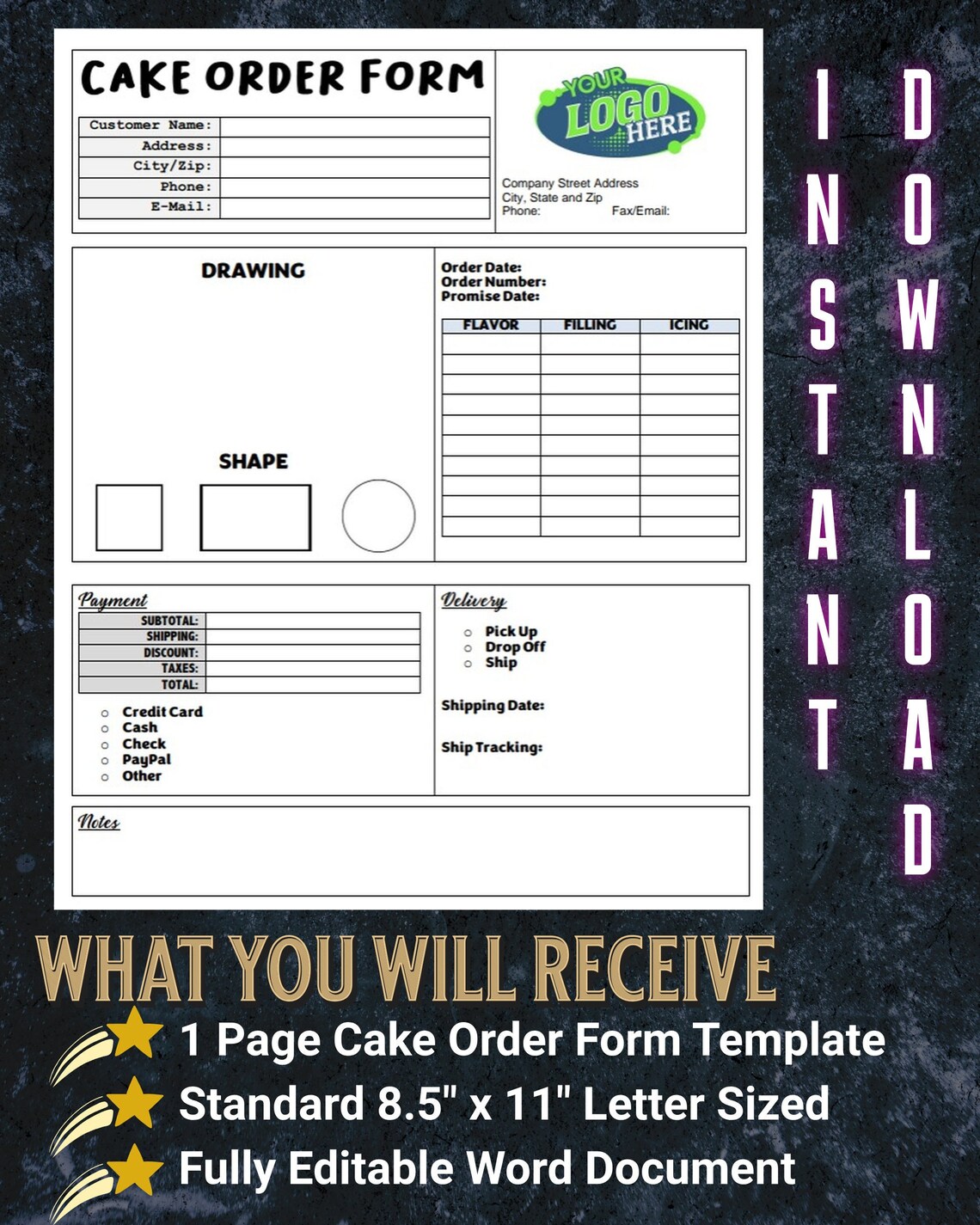 Professional Cake Order Form Digital Download, Editable Cake Order Form ...