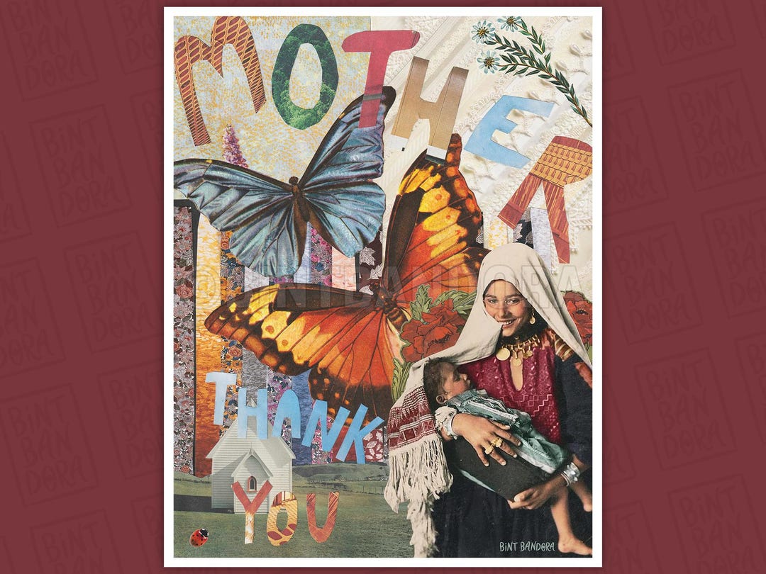 Mother Thank You Art Print: Palestinian Tatreez Collage, Butterfly ...
