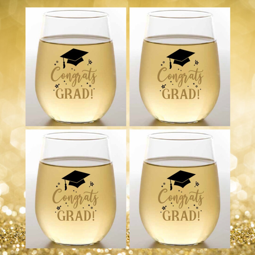 GRADUATION Set of 4 Plastic Unbreakable 16 Oz Stemless Wine Glasses ...