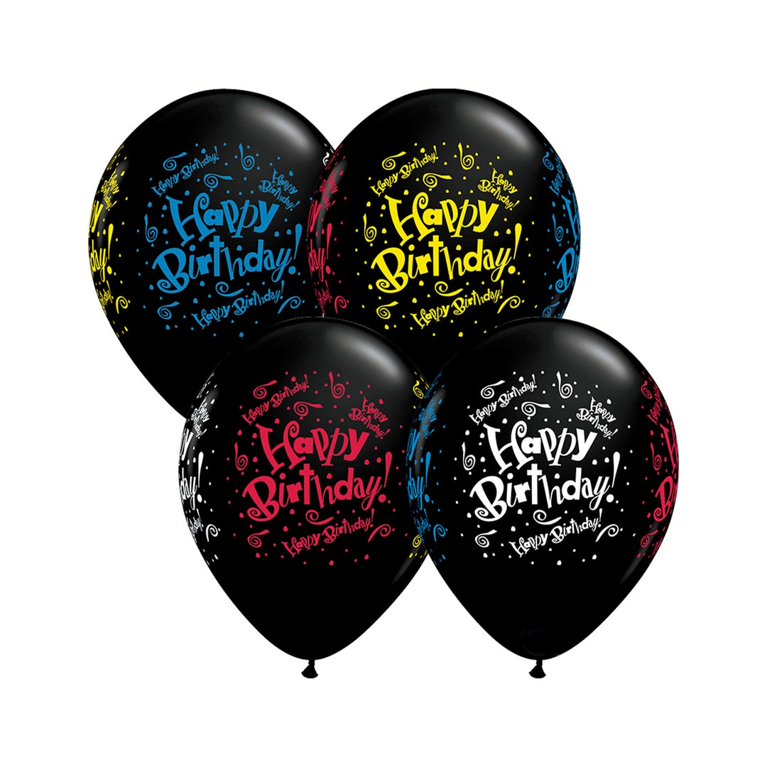 Five Black Happy Birthday Neon Print Balloons, Neon Balloons, Birthday ...