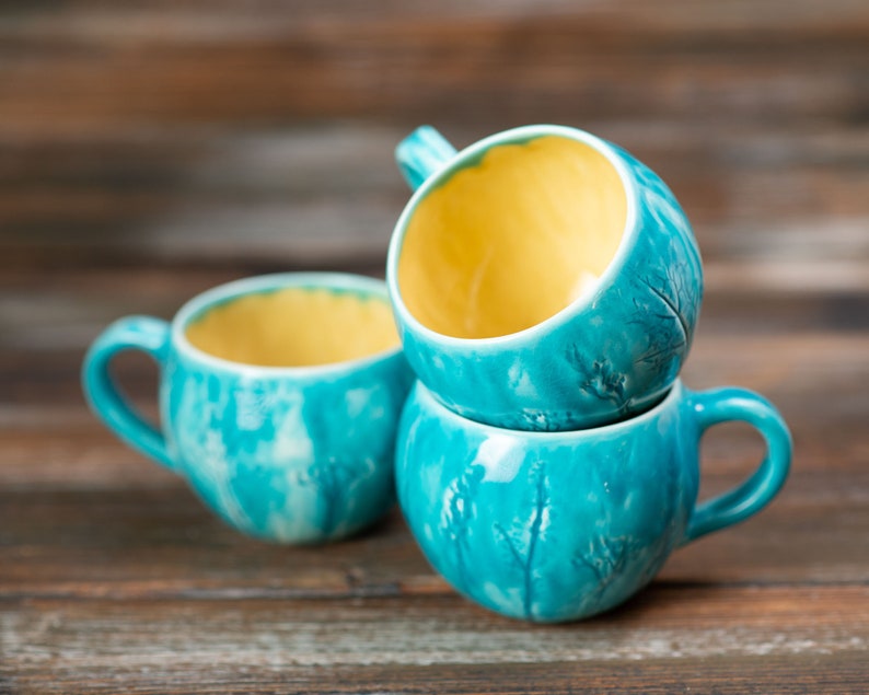 Handmade Pottery Coffee Mug: Blue & Yellow Botanical Design - Etsy