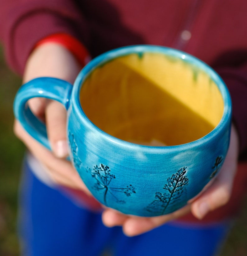 Handmade Pottery Coffee Mug: Blue & Yellow Botanical Design - Etsy