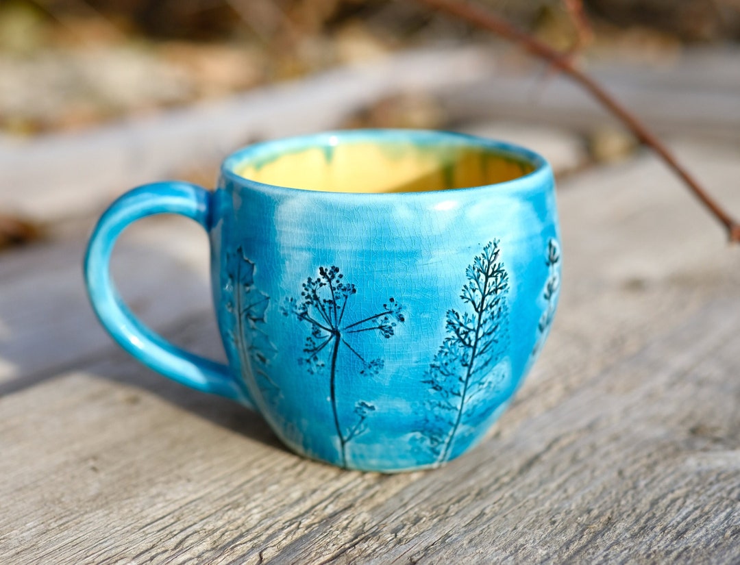 Handmade Pottery Coffee Mug: Blue & Yellow Botanical Design - Etsy