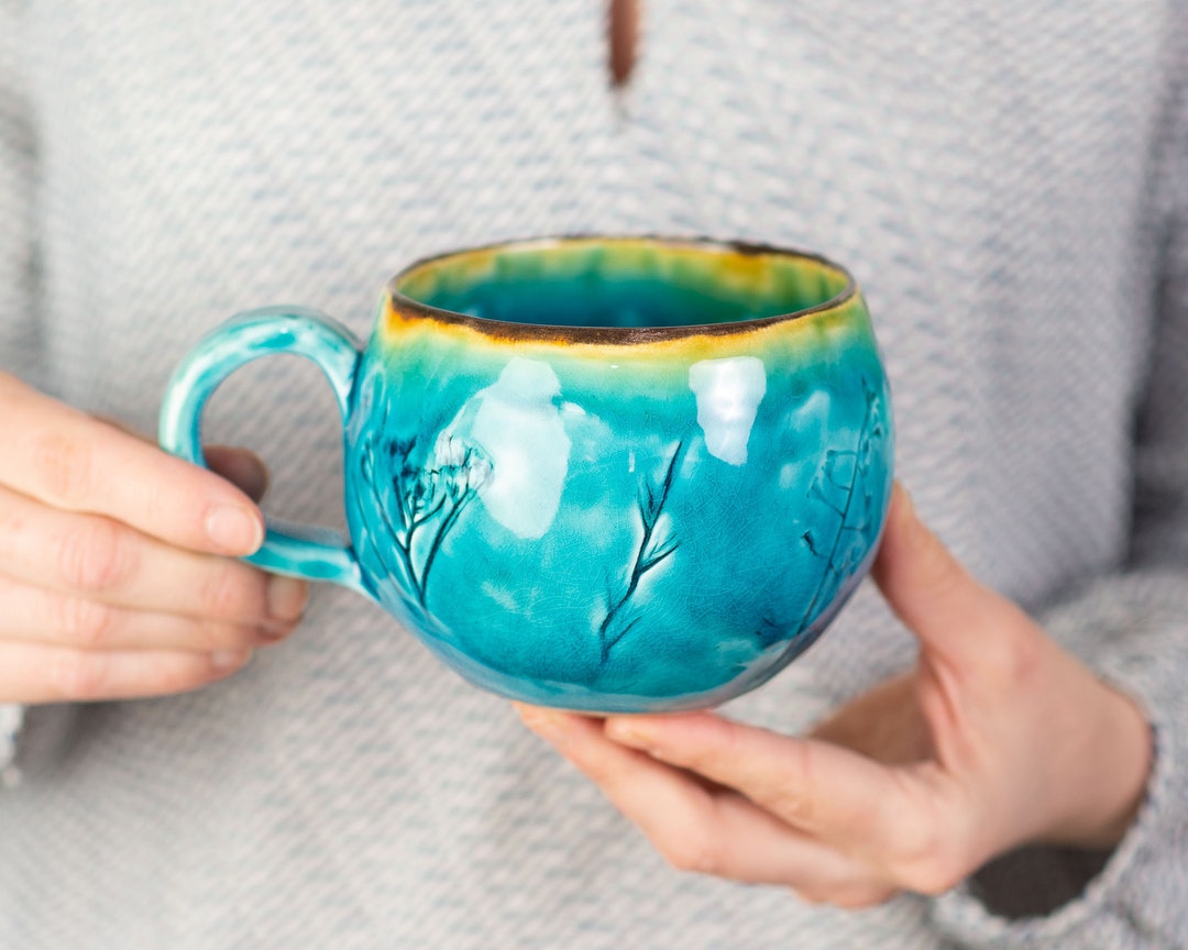 Blue Pottery Coffee Mug: Botanical Design, Handmade Ceramic Tea Cup - Etsy