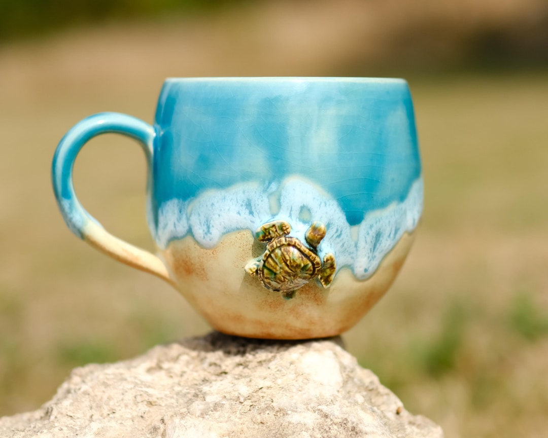 Handmade Nautical Turtle Mug Ocean Background: Crackle Glaze Pottery - Etsy