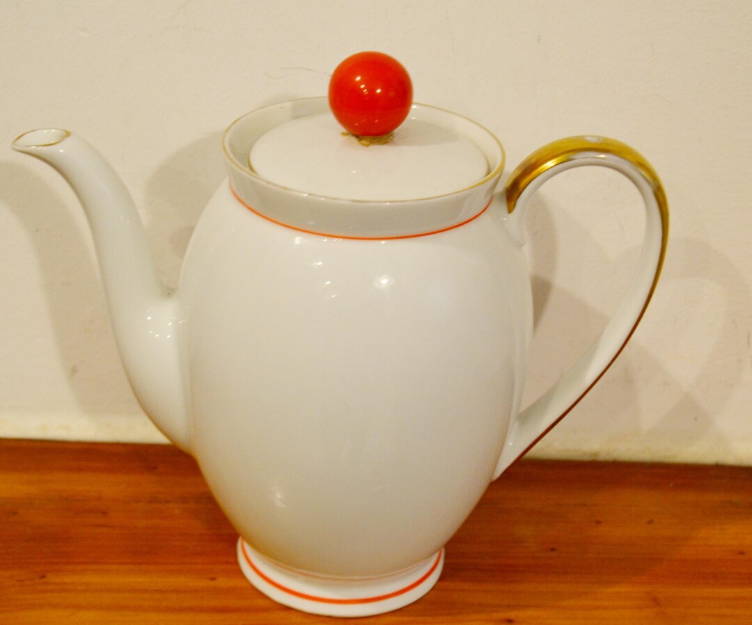 50s Vintage Porcelain Coffee Pot Beige/gold/red by Seltmann Weiden ...
